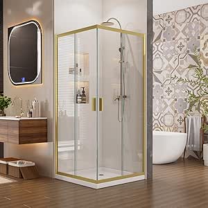 Sunrosa Corner Sliding Shower Enclosure 34" x 34" x 76", Tempered Glass 1/4 in. Double Sliding ...