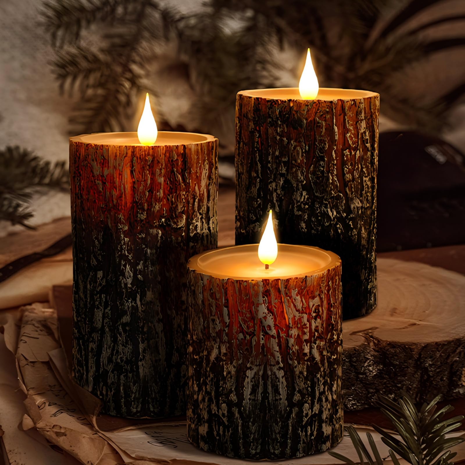 Amazon.com: luzzup Pine Bark Candles Battery Operated - Tree Stump ...