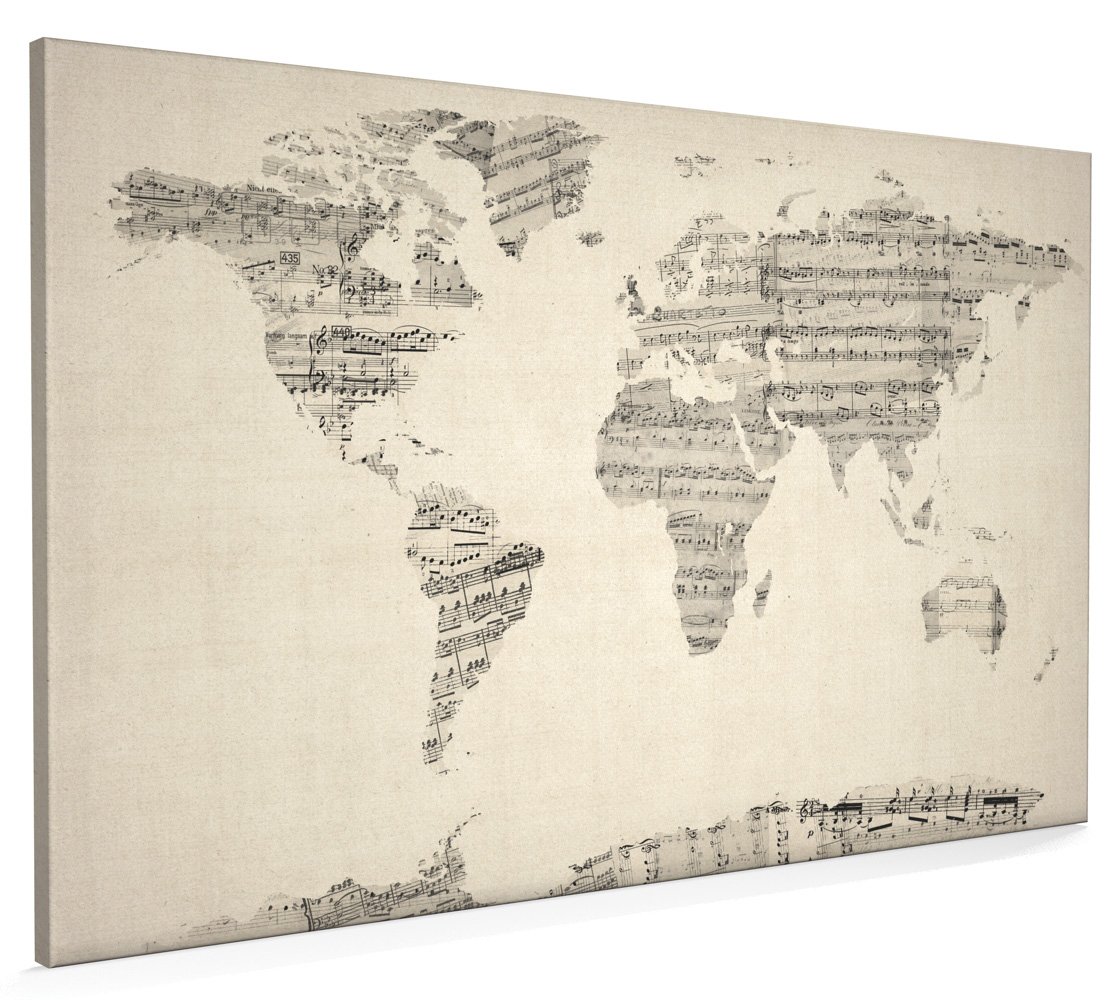 Map of the World Map, Vintage Sheet Music Collage, Canvas Art Print ...