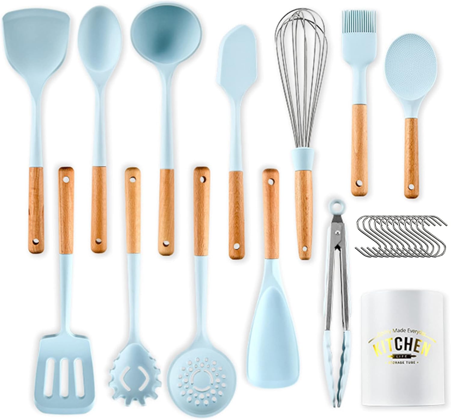 Keidason Kitchen Cooking Utensils Set, 13 Piece Wooden Handle Silicone ...