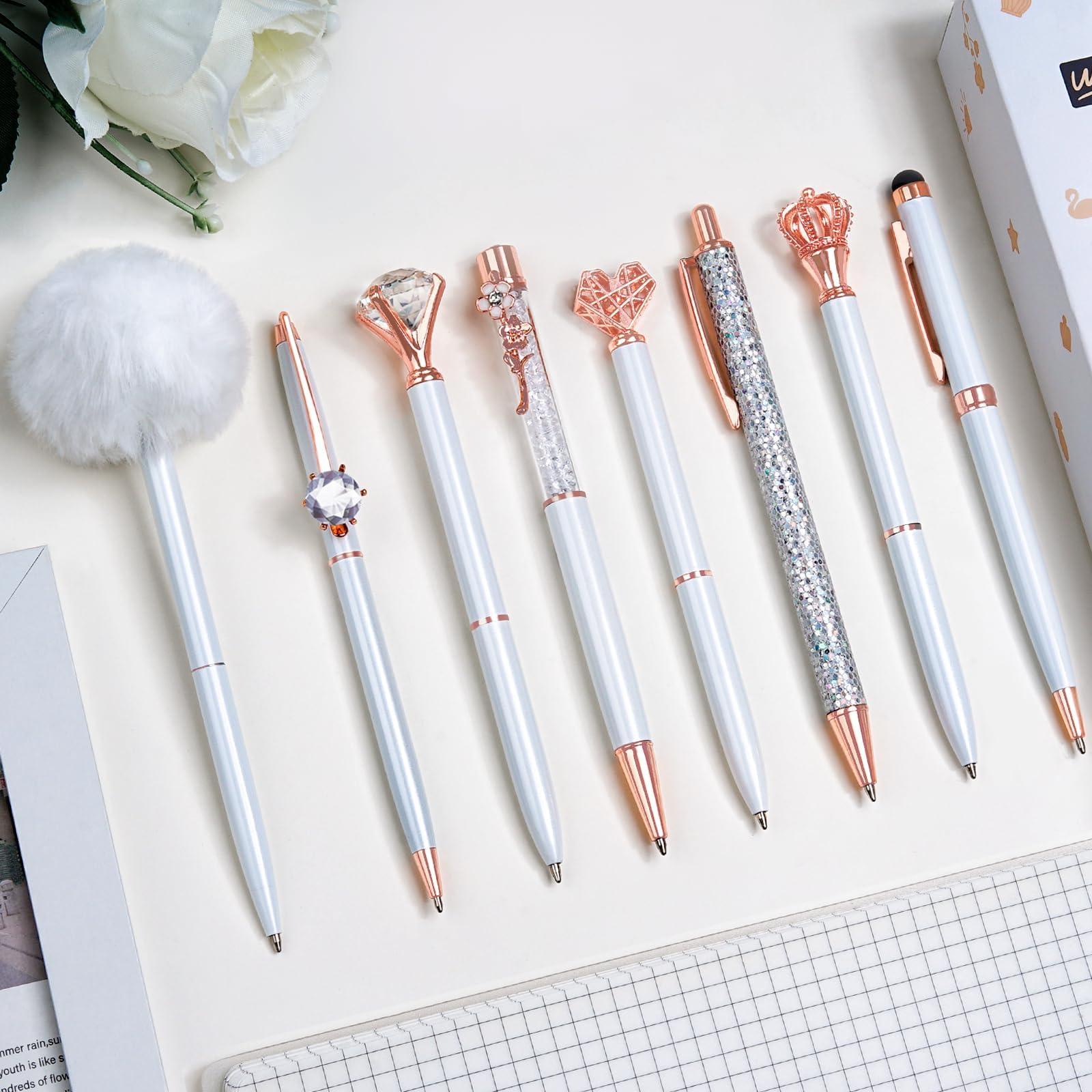 Amazon.com : WEMATE 8PCS White Ballpoint Pens Set Metal Crystal Diamond ...