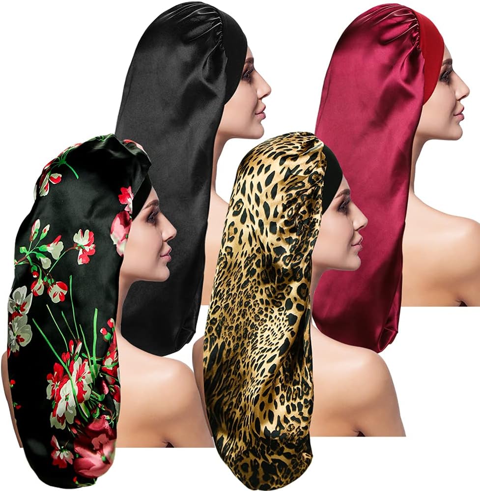 Amazon.com : 4 Pack Long Silky Sleep Bonnet for Curly Hair, Extra Large ...