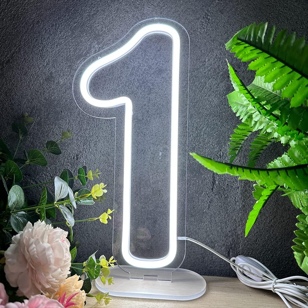 Amazon.com : Number 1 Neon Sign for First Birthday, Cool White Light up ...