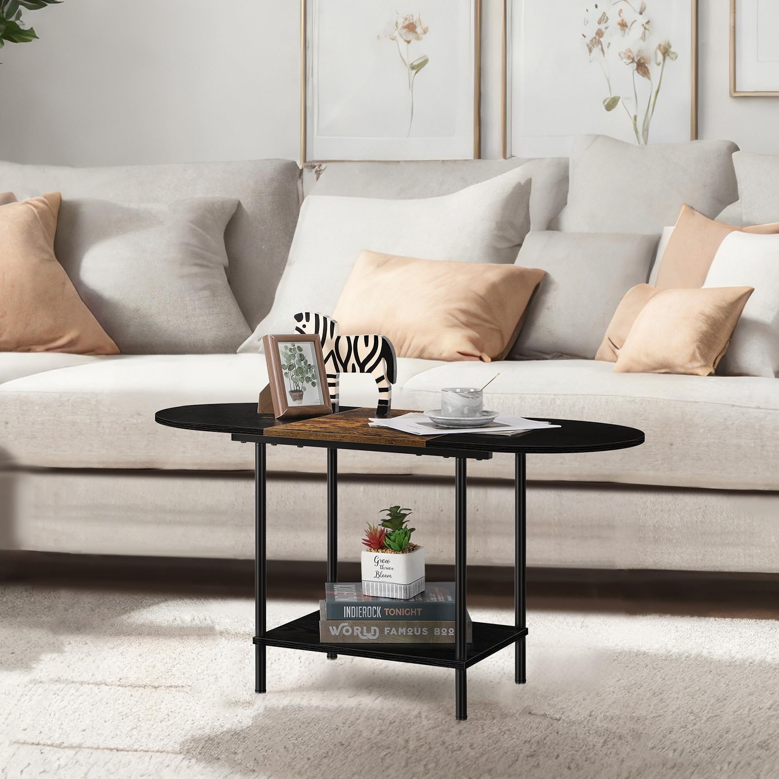 ETELI 2 Tier Small Oval Coffee Table Black Farmhouse Center Table with ...