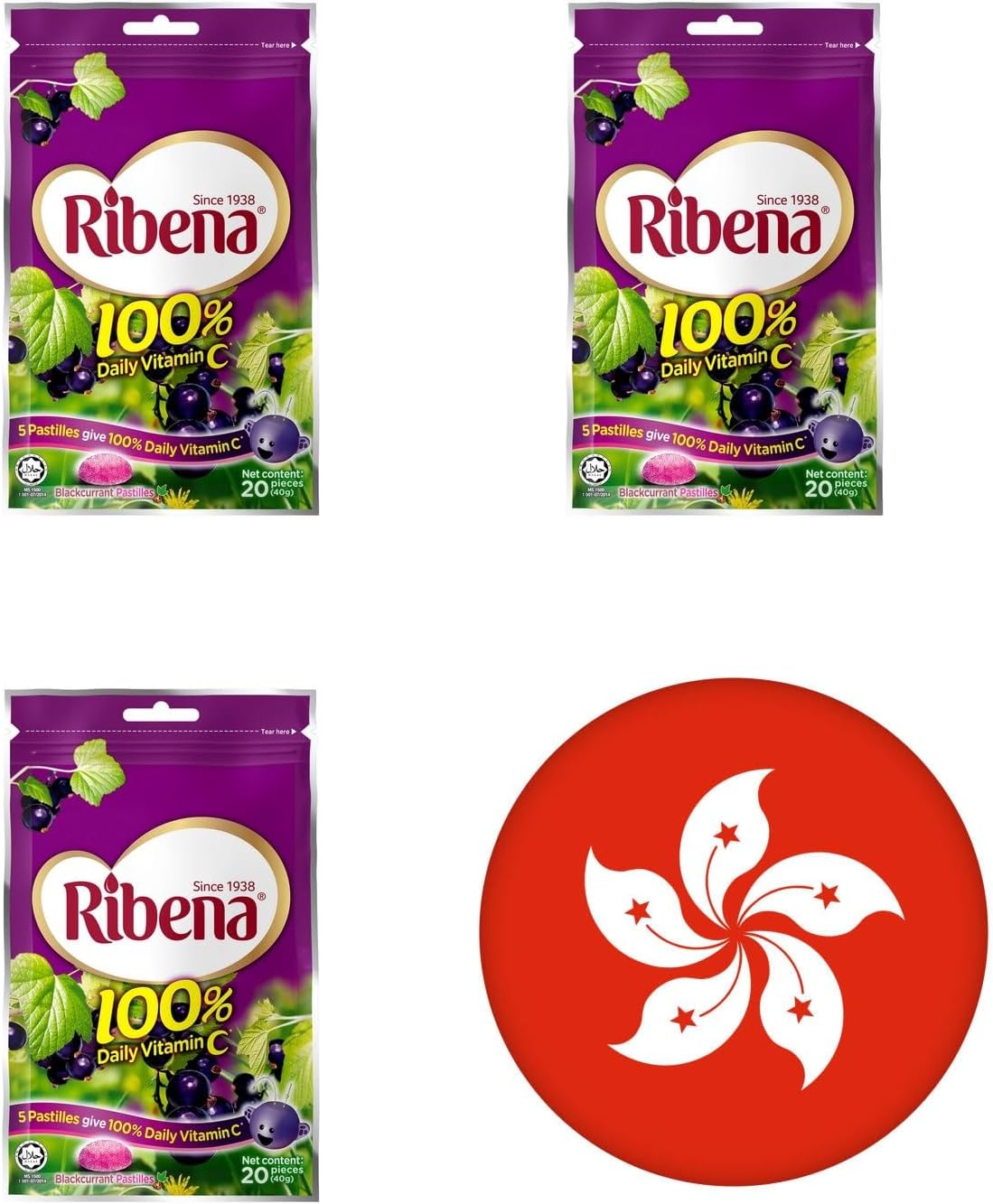 Amazon.co.jp: 香港限定 マレーシア限定 Ribena リベナ 利賓納黑加侖子軟糖 Blackcurrant Pastilles カシストローチ グミ 40gx3袋 食べ試しセット ...