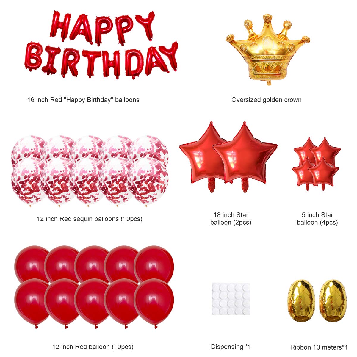 Red Birthday Decoration, Happy Birthday Banner 40pcs Latex & Confetti ...