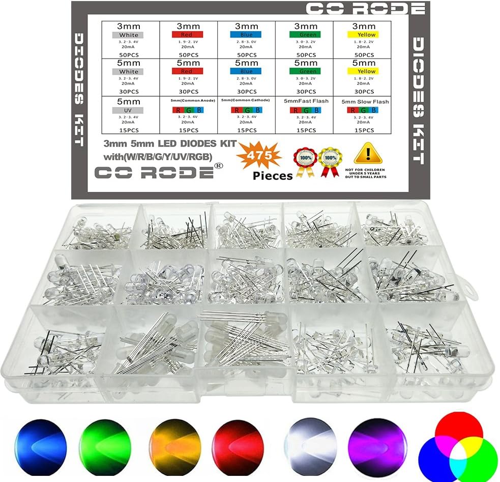 CO-RODE 475pcs Led Diodes, 5mm LED, 3mm LEDs Emitting Diodes, RGB LEDs ...