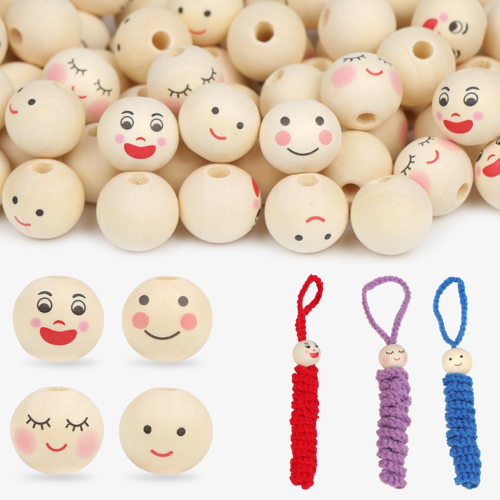 60Pcs Smiley Face Wooden Beads, 6 Styles Natural Round Smiley Bead for ...
