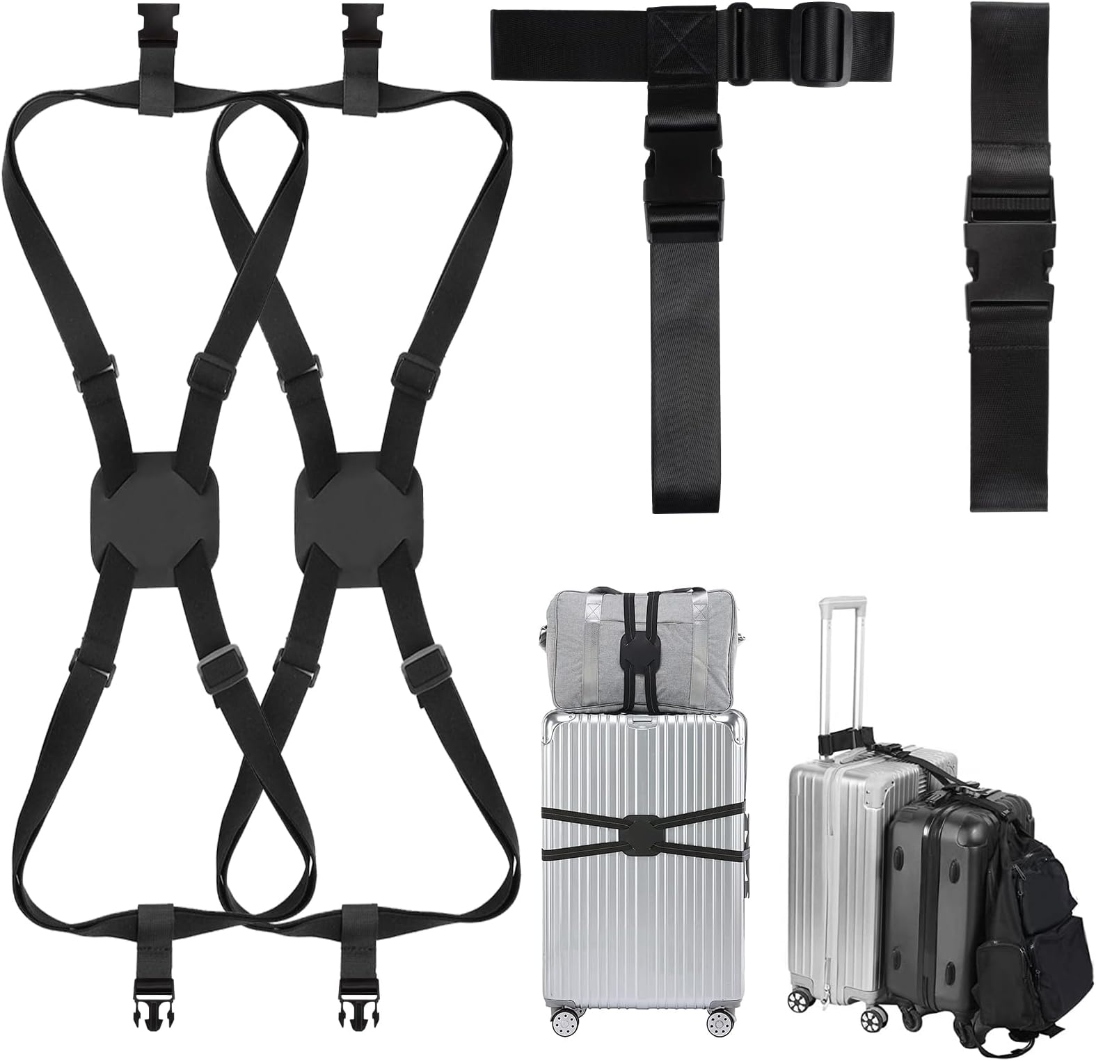 4 Pack Luggage Straps, 2 Pack Elastic Adjustable Luggage Straps and 2 Pack Add a Bag Luggage ...