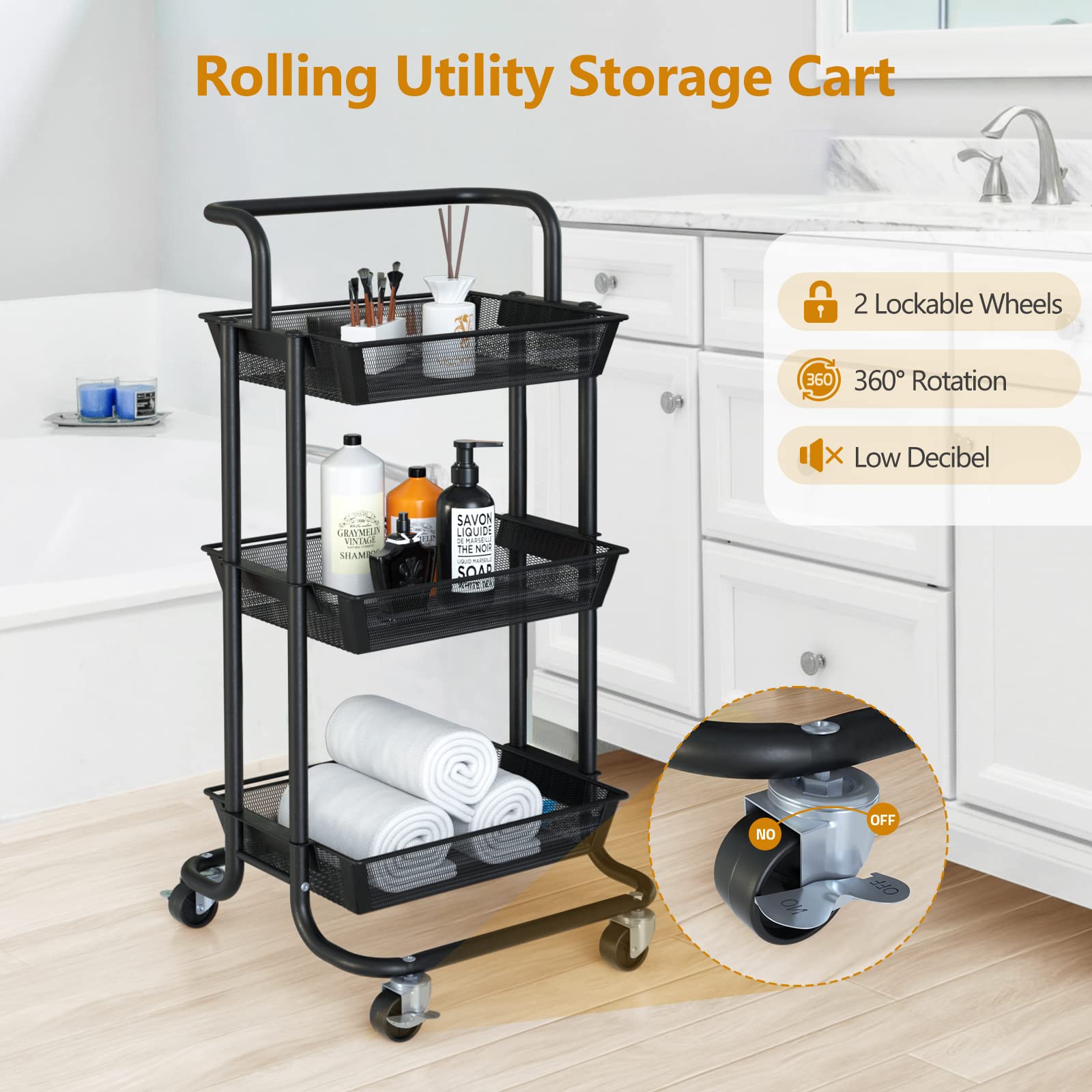 Greensen 3 Tier Rolling Cart, All-Metal Kitchen Storage Organizer Cart ...