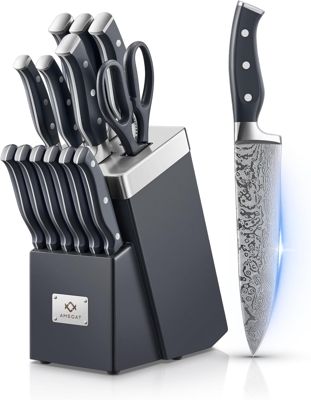 Yabano Messerblock Set, 14 tlg. Messer Set mit Selbstschärfender ...