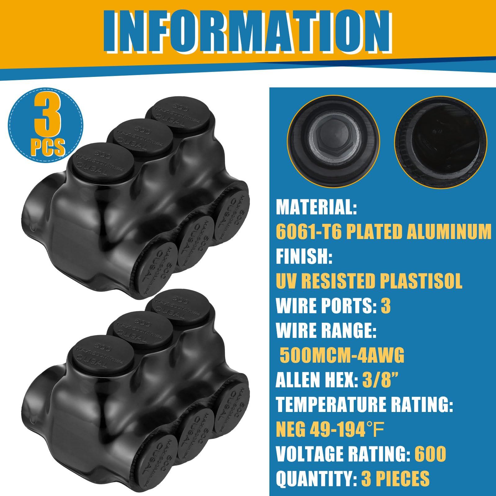 Snapklik.com : Copkim 3 Pcs Black Multi Cable Connector, 3 Wire Ports ...