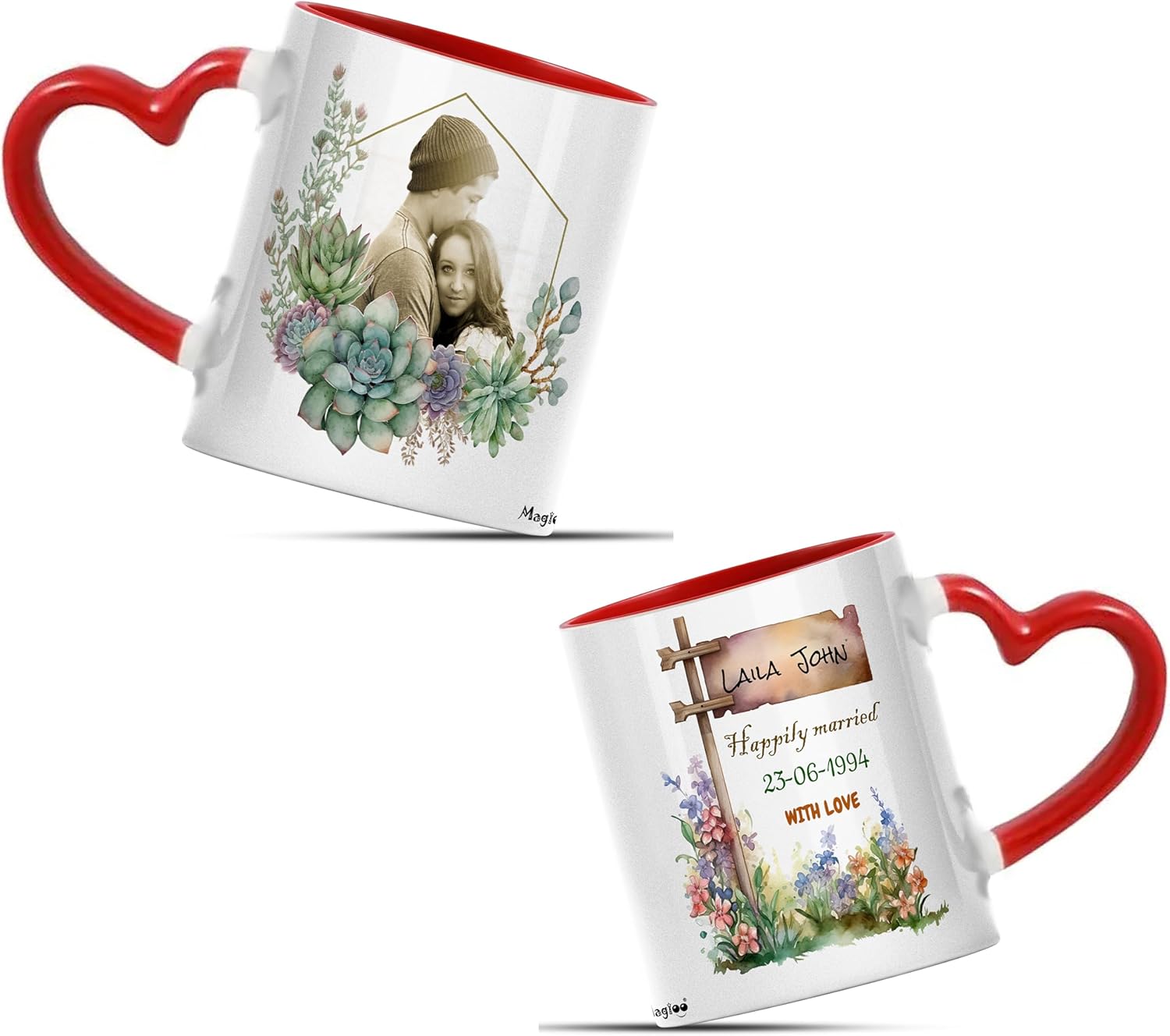 Amazon.com | magioo Personalized Red Heart Handle Mug Wedding Memories ...