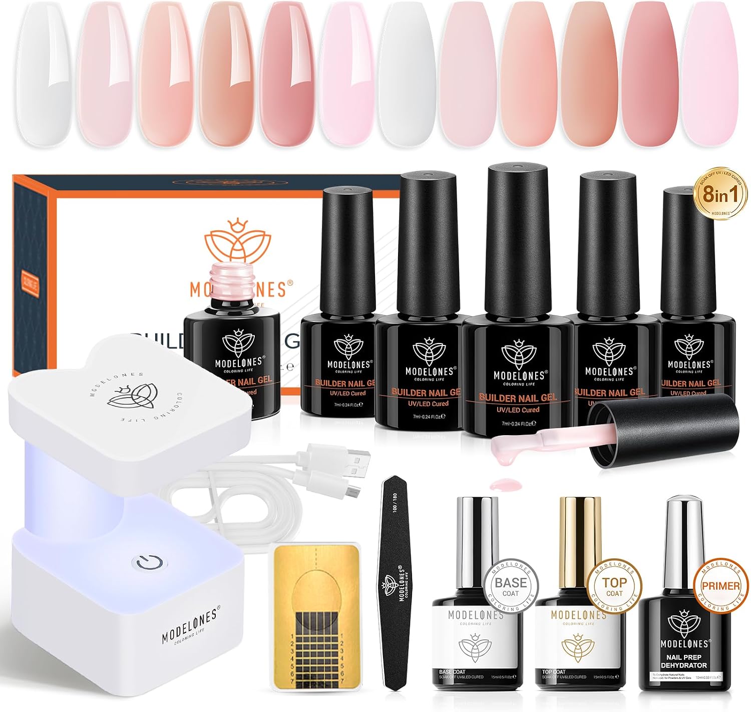 Modelones 8-in-1 Nail Builder Gel Kit, 6 Colors Clear Pink Builder Gel ...