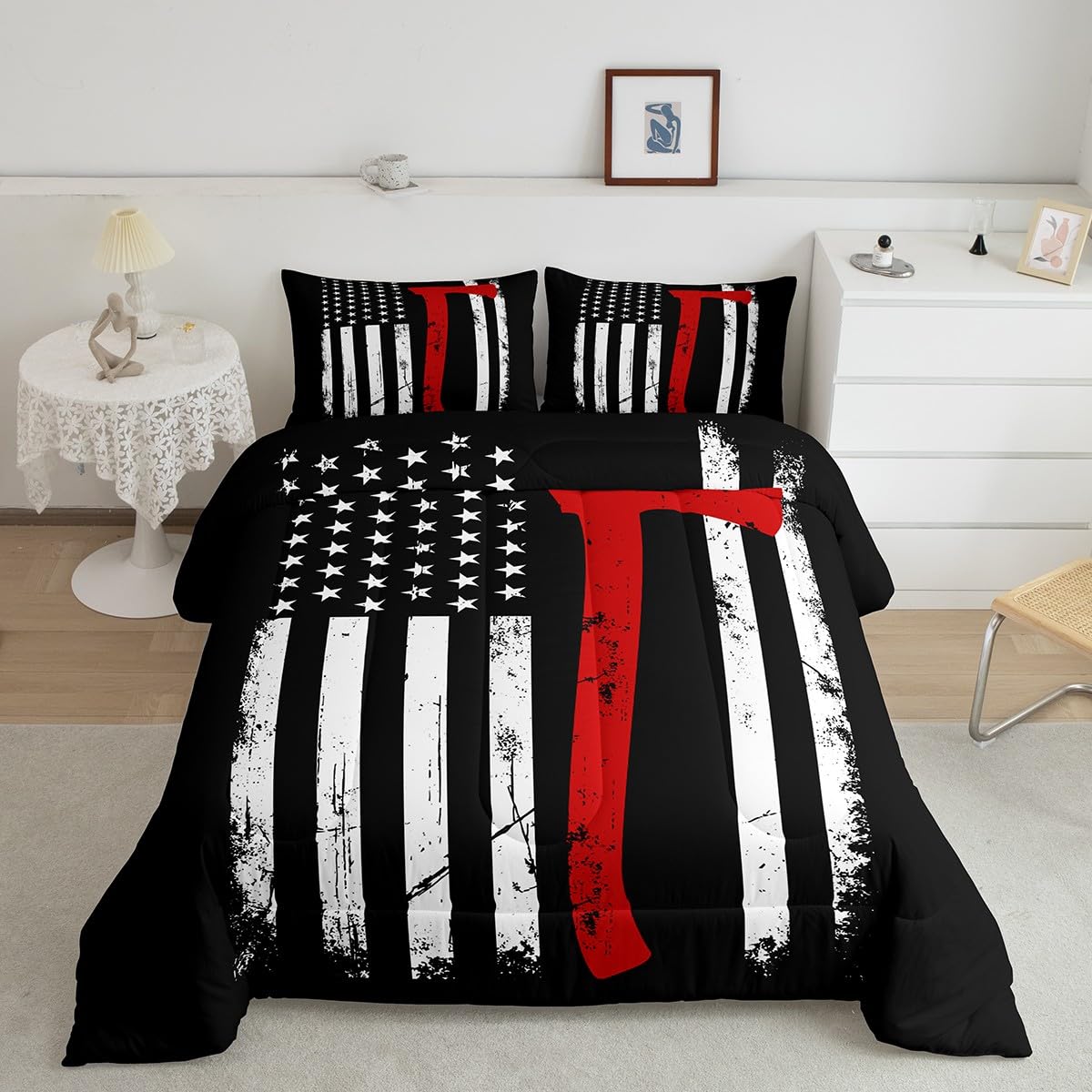 Amazon.com: Boys Firefighter Twin Size Comforter Set,Kids American Flag ...