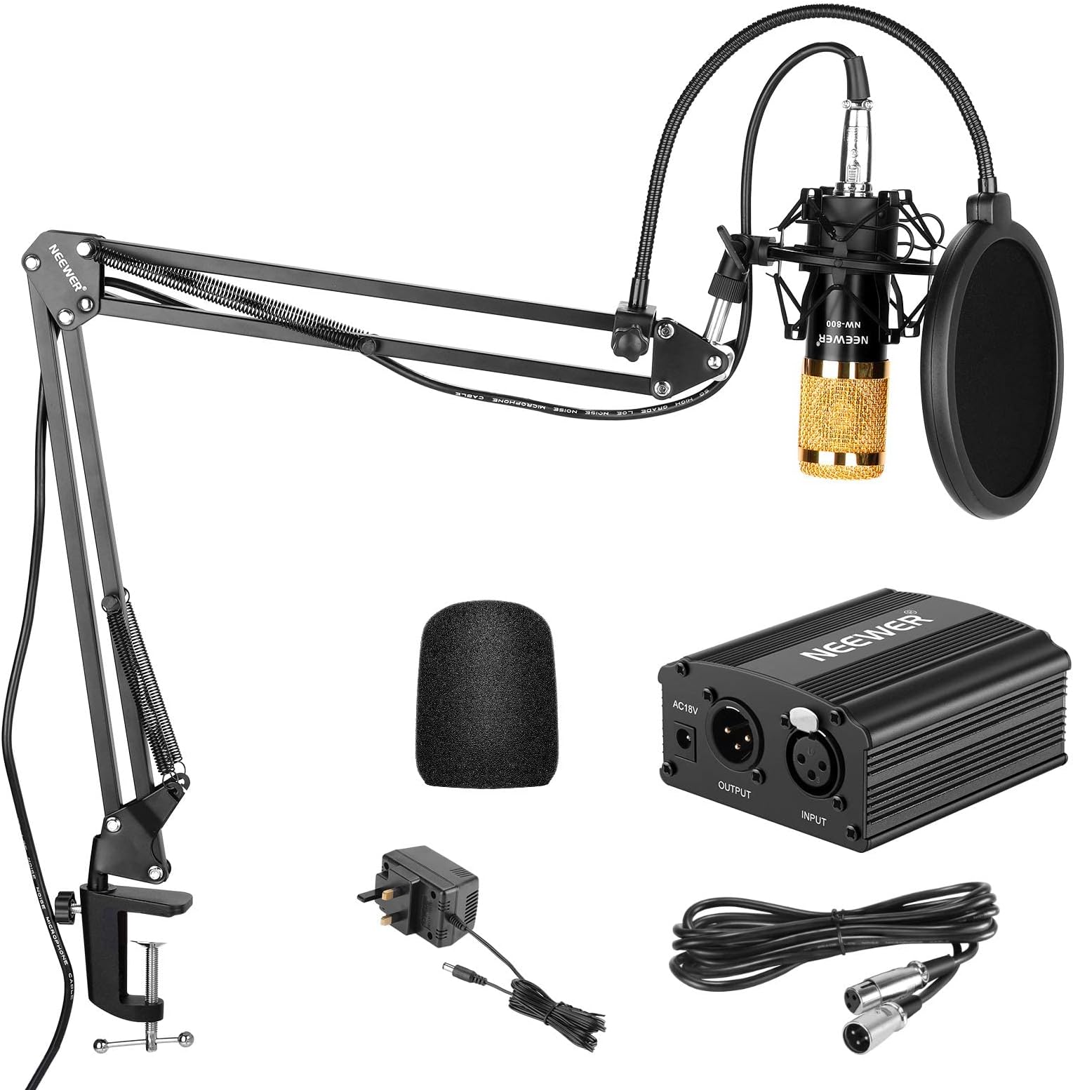 Neewer NW-800 Condenser Microphone Kit - Gold Mic Black 48V Phantom ...