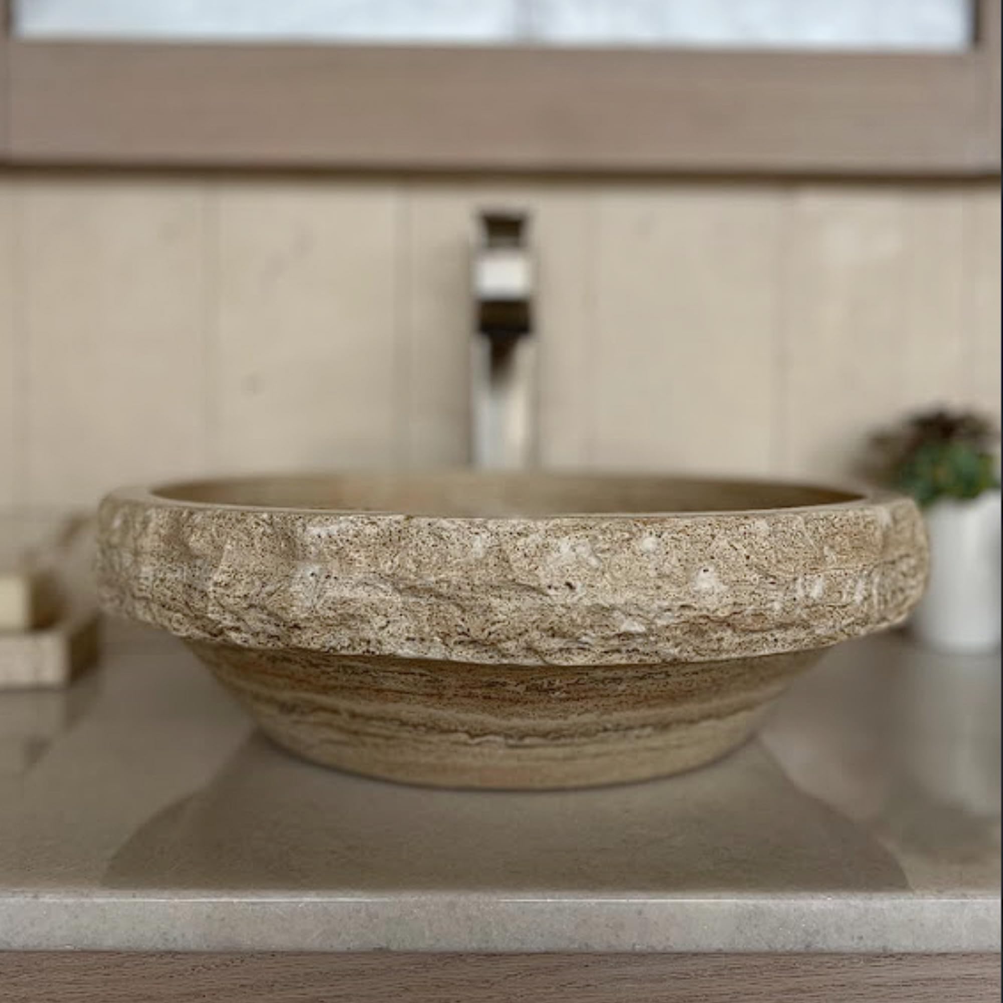 Natural Tan Travertine Stone Vessel Sink – Modern Rustic Chiseled Round ...