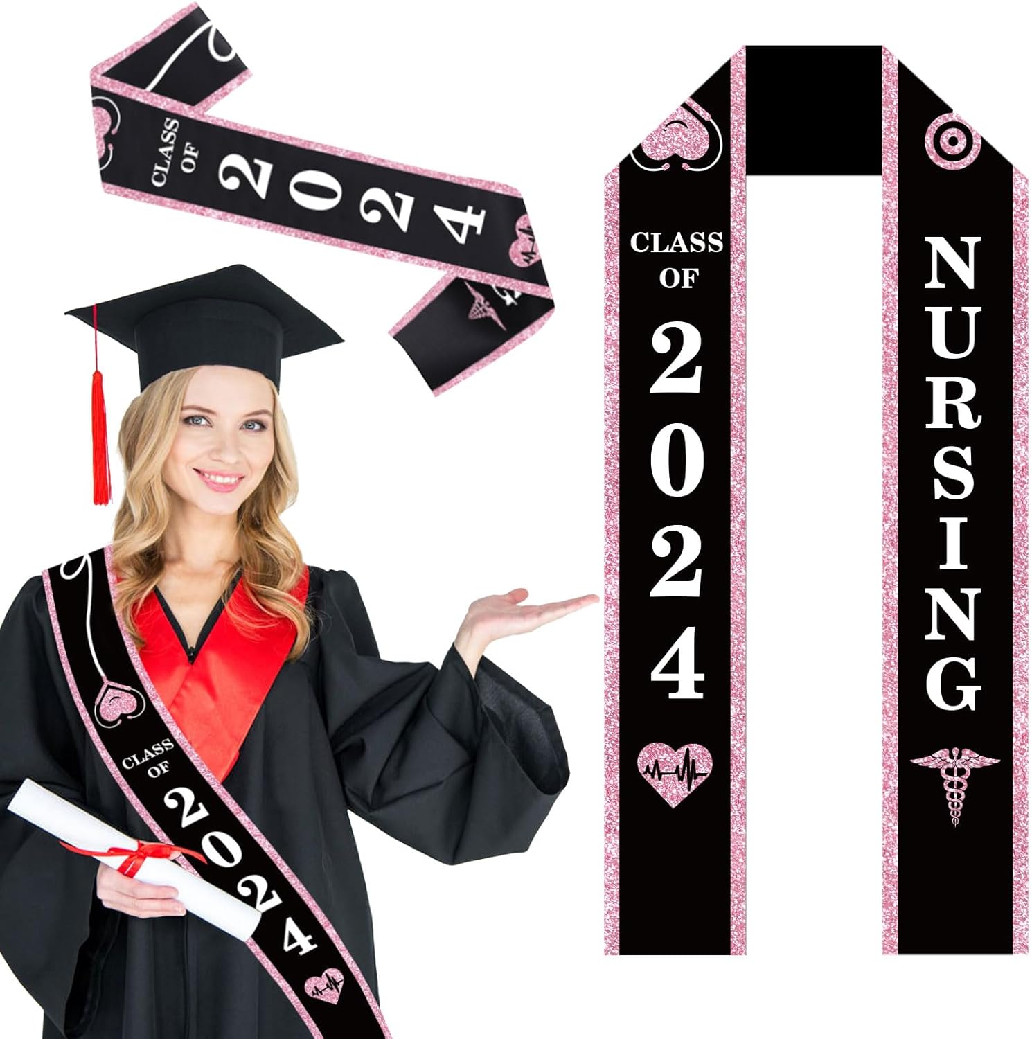 Amazon.com: SKJIAYEE Nursing Graduation Sash/Stole, Black and Hot Pink ...