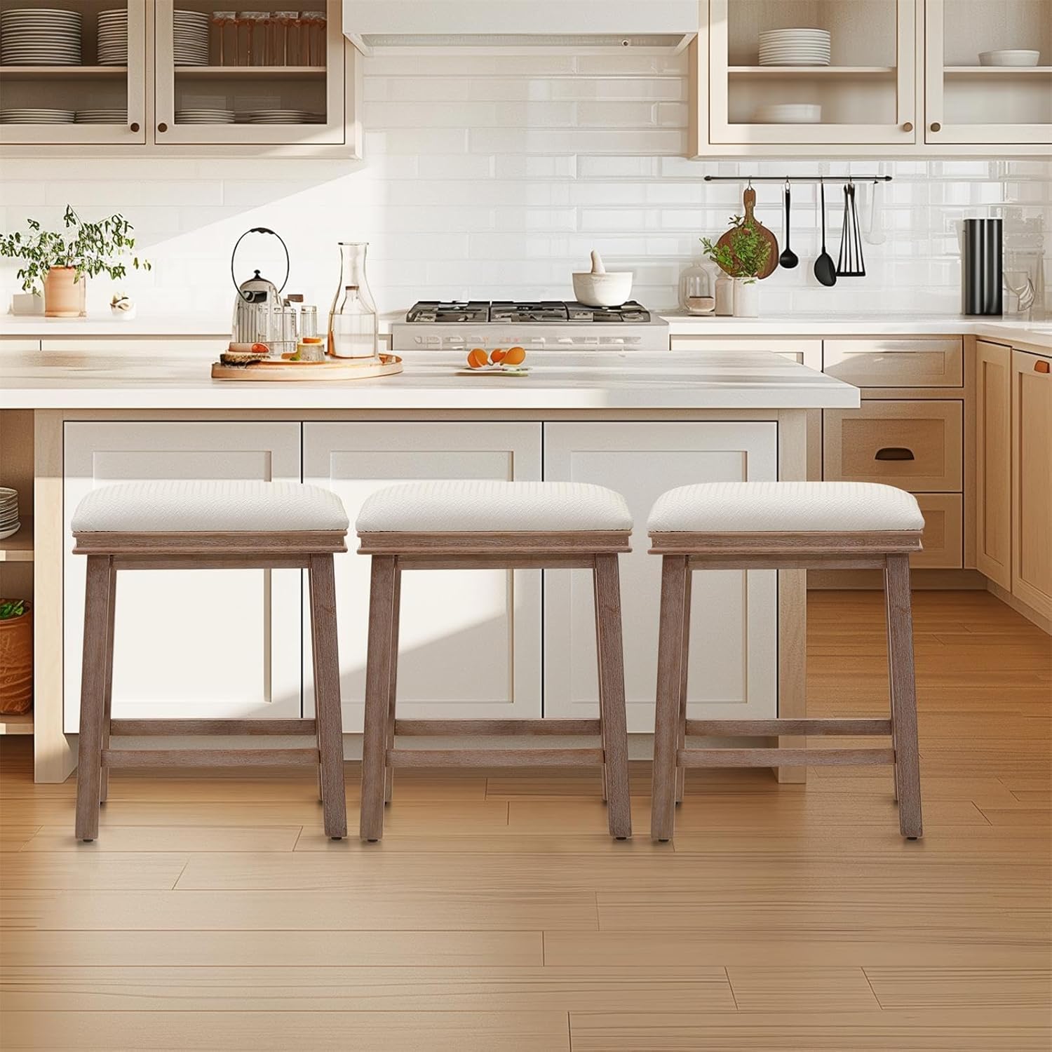 Amazon.com: Sophia & William Bar Stools Set of 3, Solid Wood Backless ...