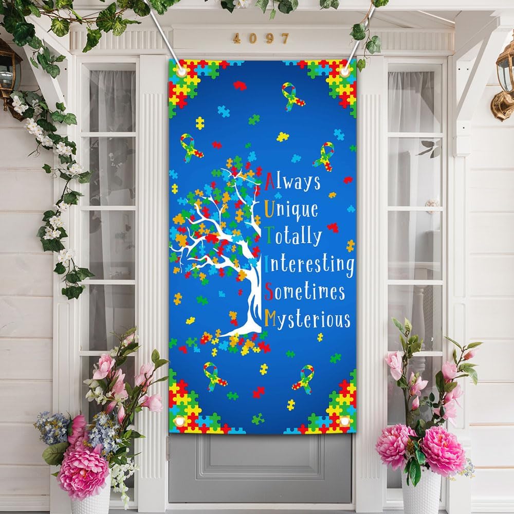 Amazon.com : Avezano Autism Awareness Door Cover Awareness Tree Puzzle ...