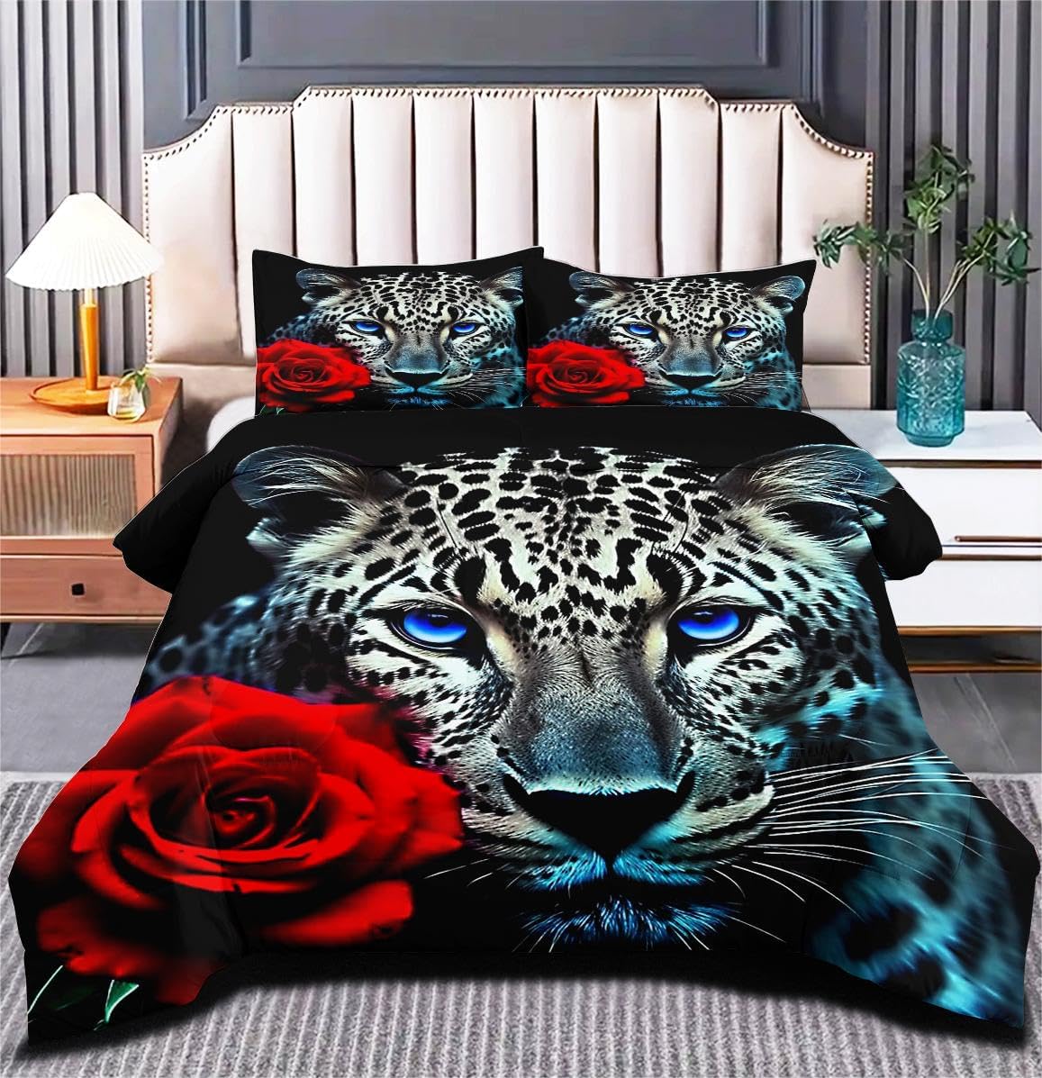 Amazon.com: CCoutueChen Red Rose Leopard Comforter Set Queen Size ...