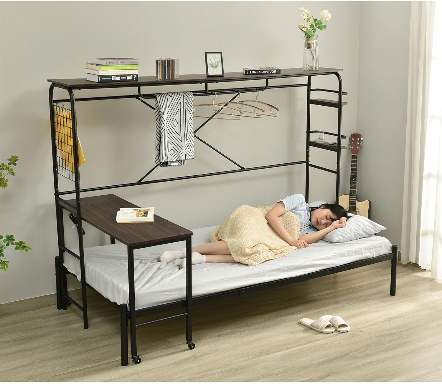 Amazon｜Antou パイプベッド シングル コンセント付き シングルベッド 収納ラック棚付き ベッドフレーム シングルベッド 分離利用可ベッド デスク付き 頑丈 耐震 一人暮らし 北欧風 ...