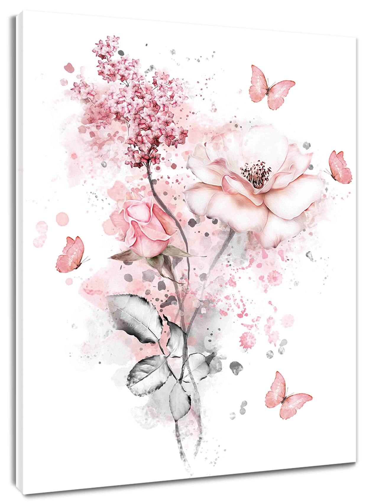 Amazon.com: LB Pink Flower Wall Art Pink Butterfly Grey Leaf Canvas ...
