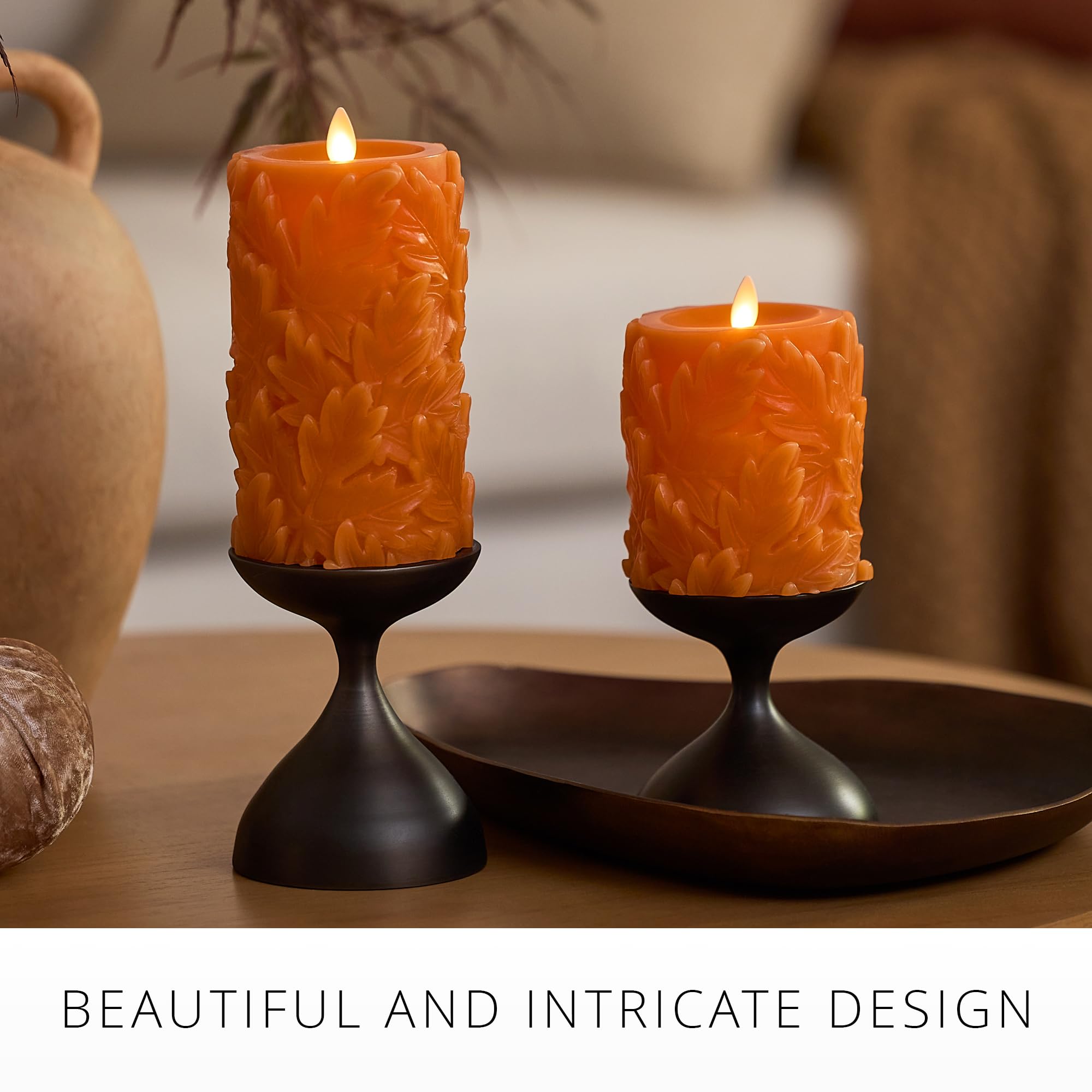 Snapklik.com : Luminara Embossed Leaves Flameless Pillar Marmalade ...