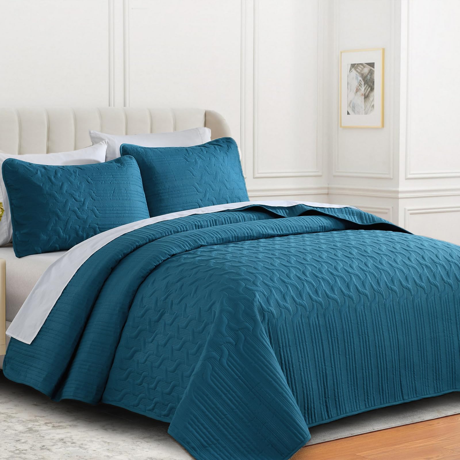 Teal Blue Quilt Set Queen Size Lightweight Bedspread Ultrasonic Wave ...
