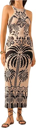 Women's Tropical Bodycon Tank Dress Elegant Summer Vacation Crewneck ...