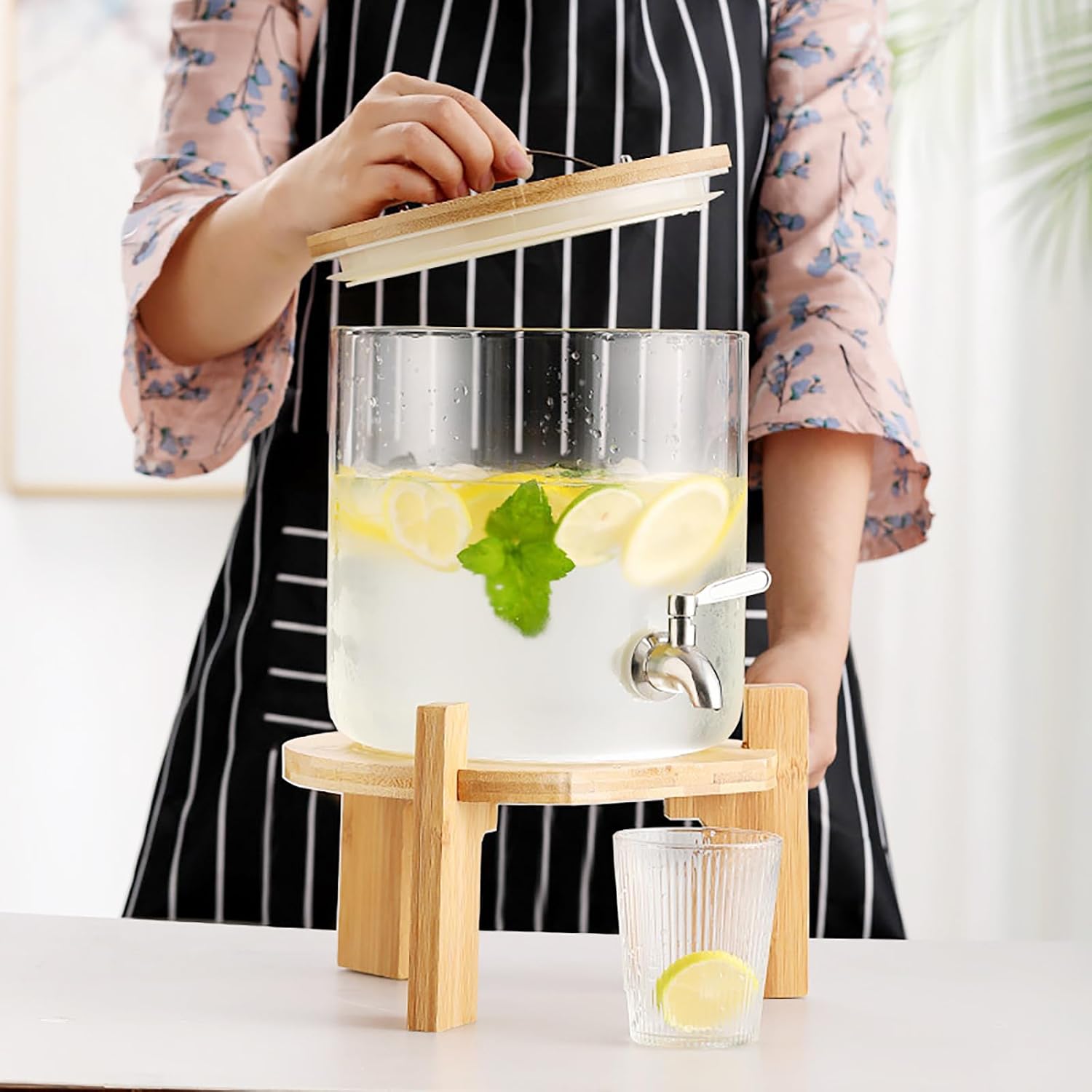 Amazon.com | Glass Drink Dispenser with Stand,Wood Stand Cold Beverage ...
