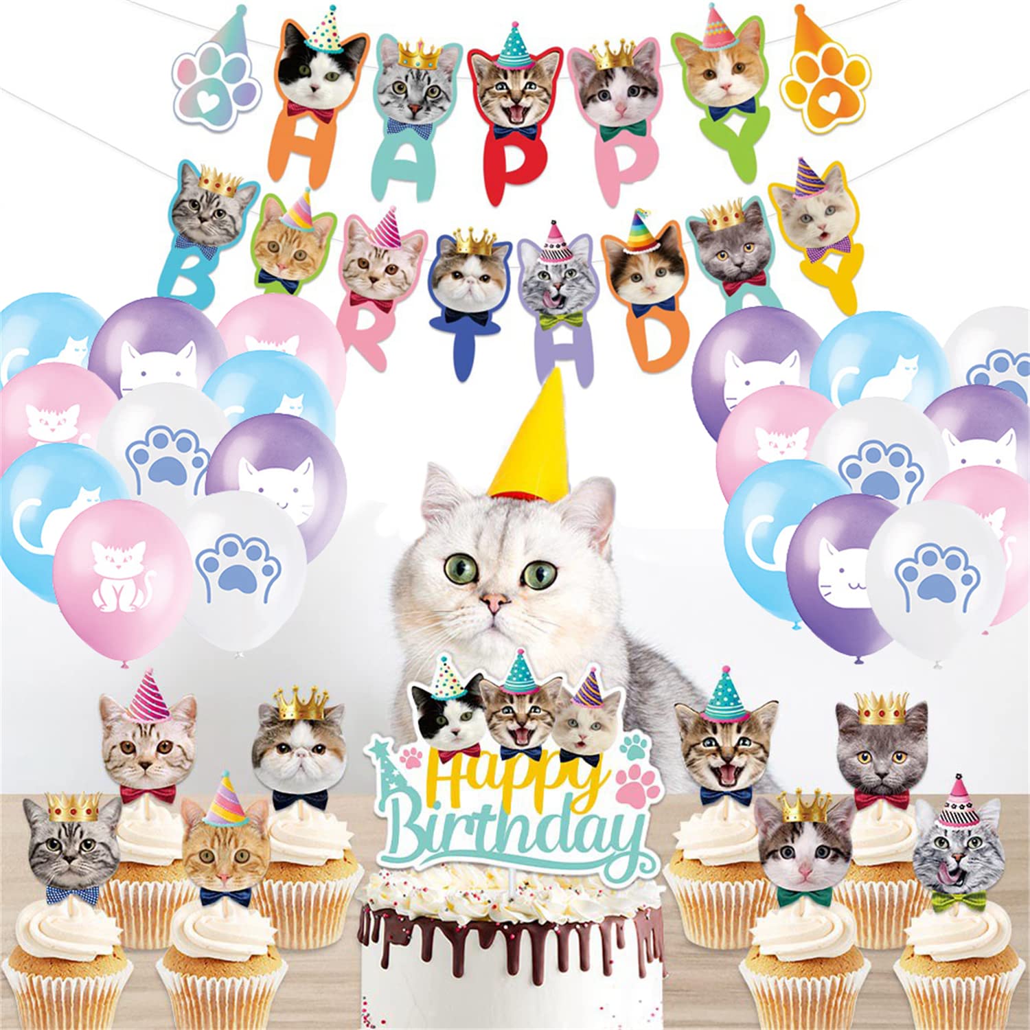 Snapklik.com : Happy Birthday Cat Face Banner Cute Cat Theme Bunting ...