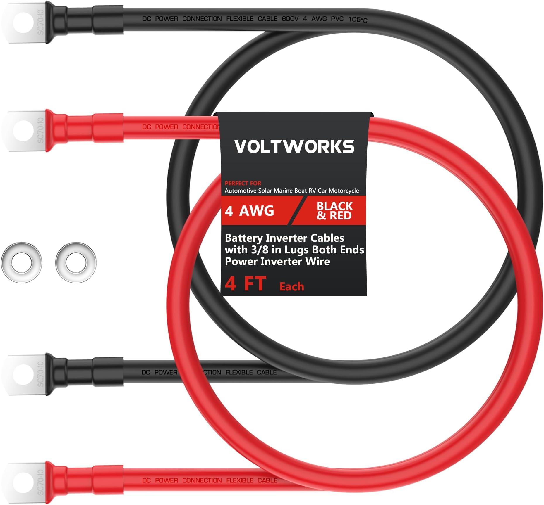 Amazon.com: VOLTWORKS 4 AWG Gauge Red + Black Pure Copper Battery Inverter Cables Solar, RV, Car ...