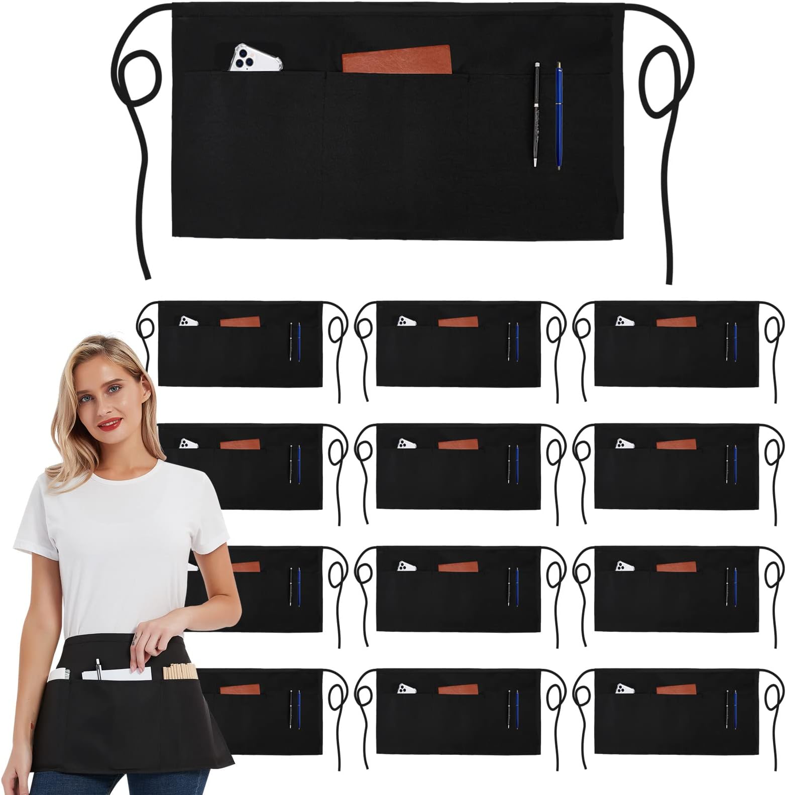 Amazon.com: 12 Pack - Black Server Waist Aprons, Waitress Half Apron ...