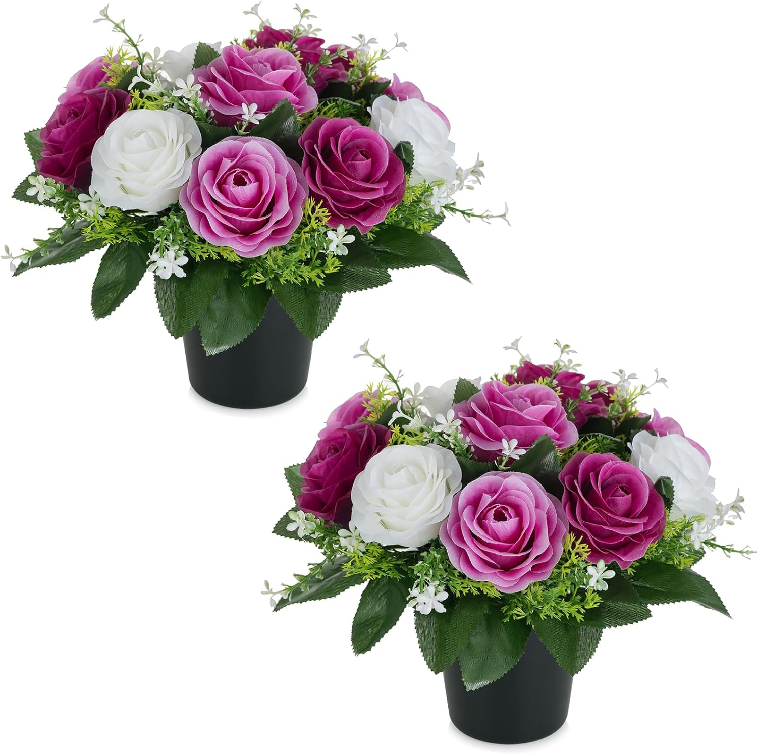 BLOSMON Artificial Grave Flowers Pots: 2 Pcs Purple Lilac Roses Silk ...