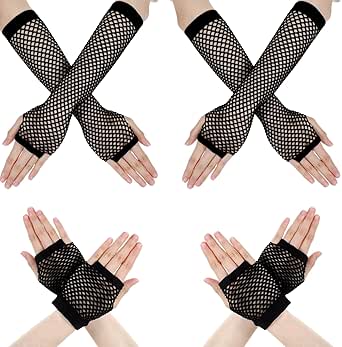 Amazon.com: Bremorou 4 Pairs Black Fishnet Gloves Long and Short Mesh ...