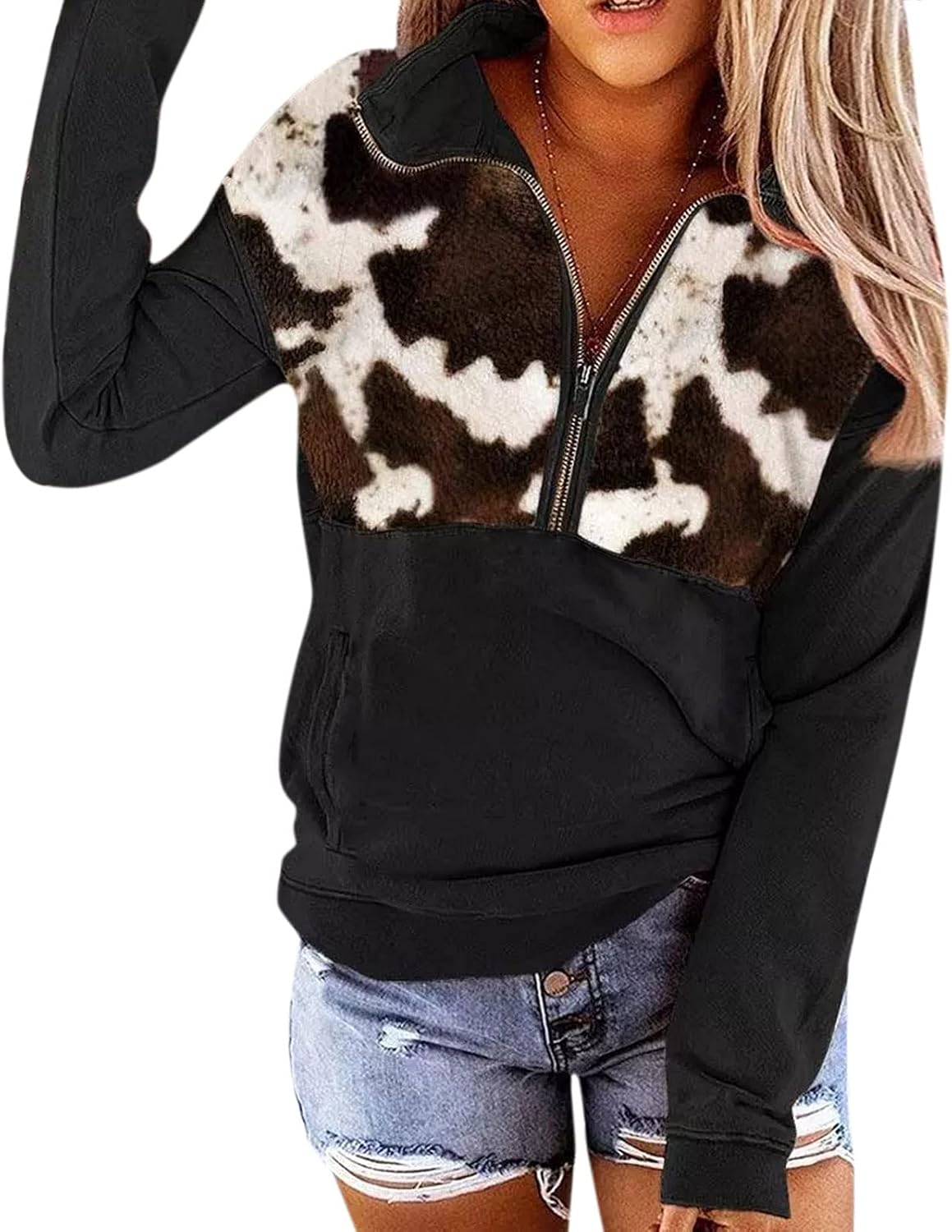 Amazon.com: Hemlock Women 1/4 Zipper Pullovers Cow Print Tops Long ...