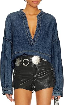 Women's Denim Pullover Deep V Neck Long Sleeve Raw Hem Loose Fit Casual ...