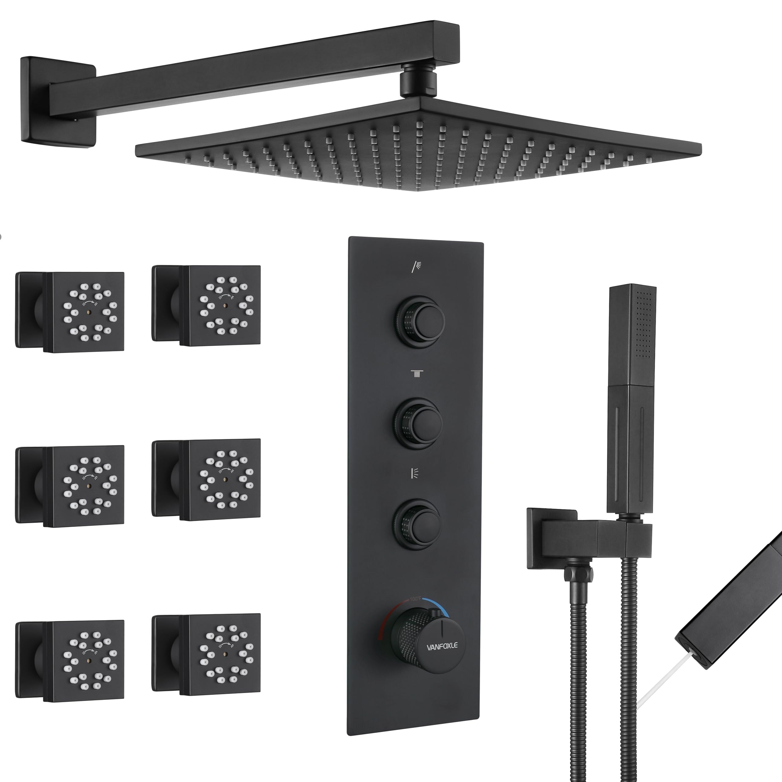 Snapklik.com : VANFOXLE Shower Faucet Set Matte Black Temperature Shower System, Push Button ...