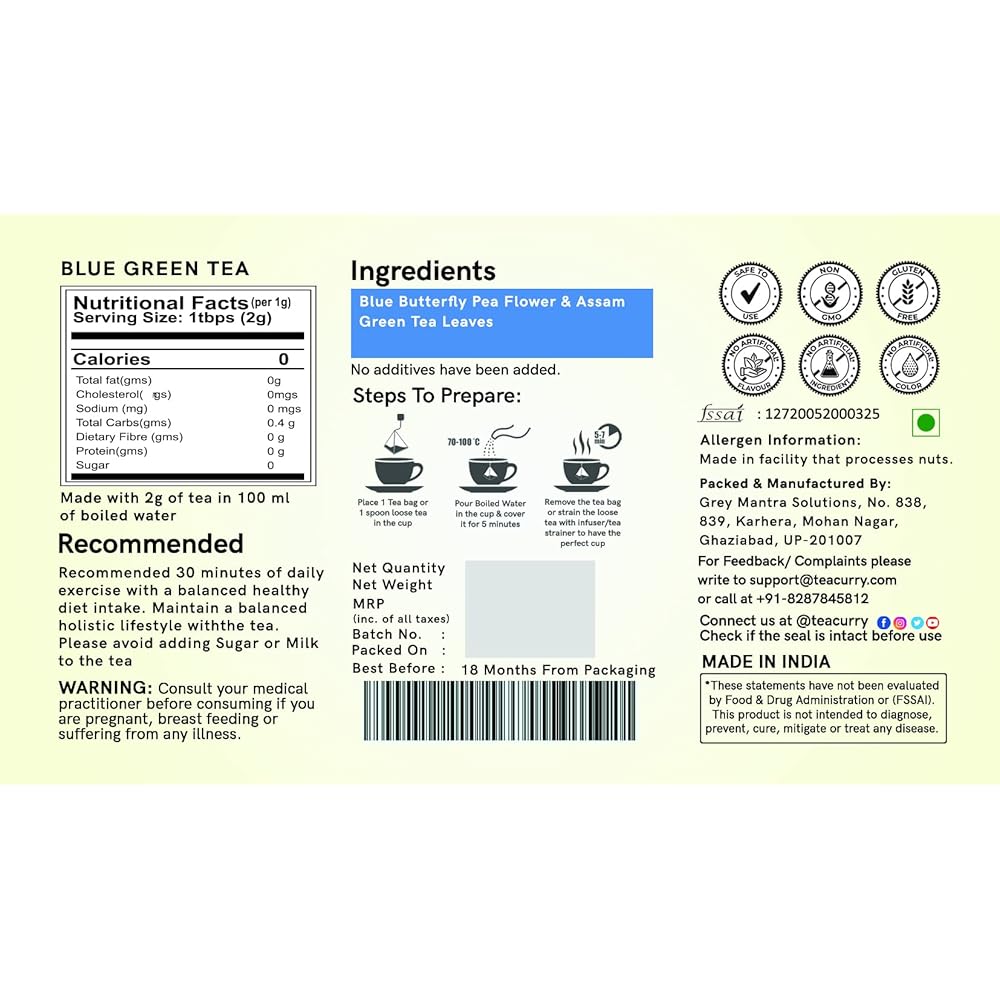 TEACURRY Blue Green Tea (60 Tea Bags) | Helps with Nepal | Ubuy