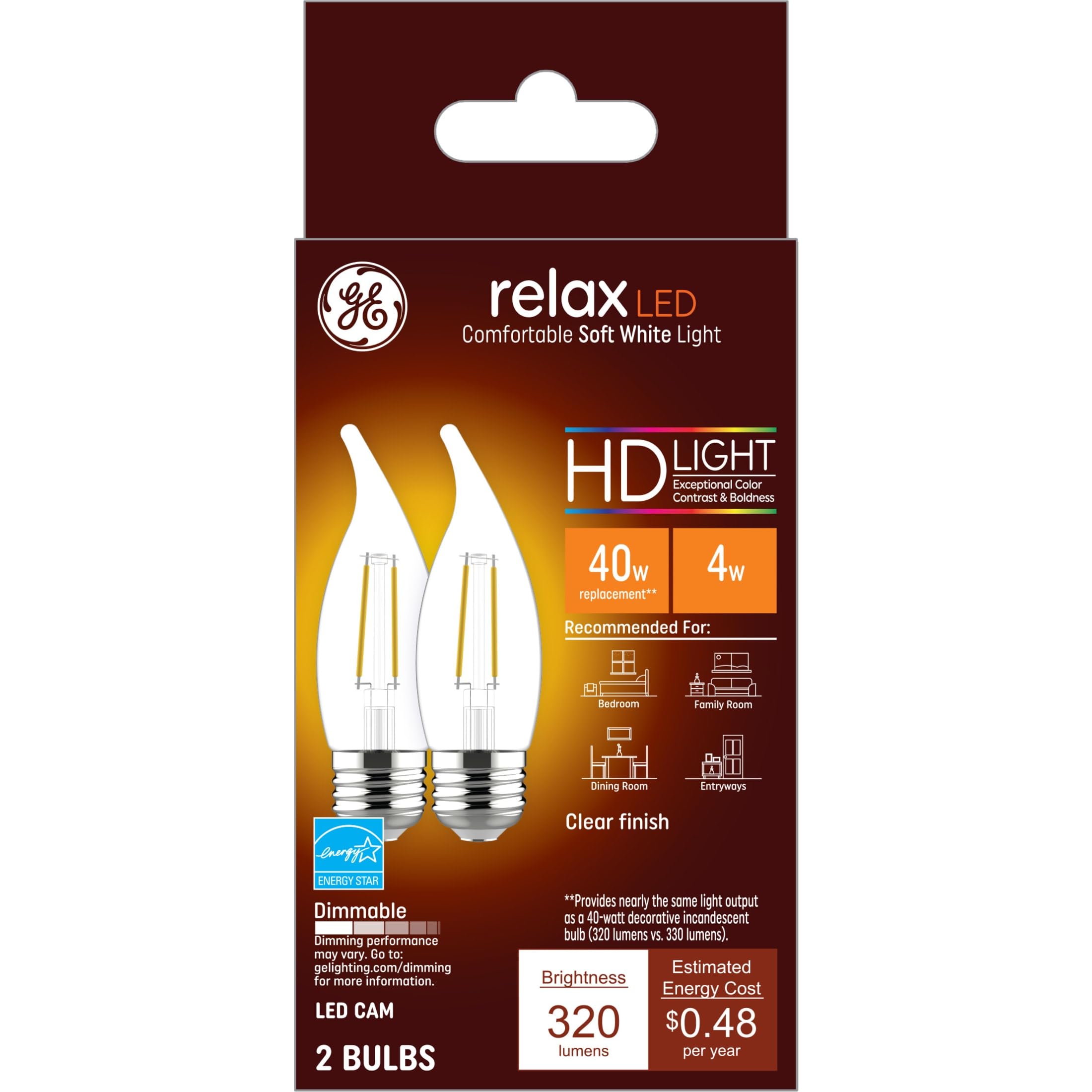 Amazon.com: GE Relax LED Light Bulbs, 40 Watt, Soft White, Decorative ...