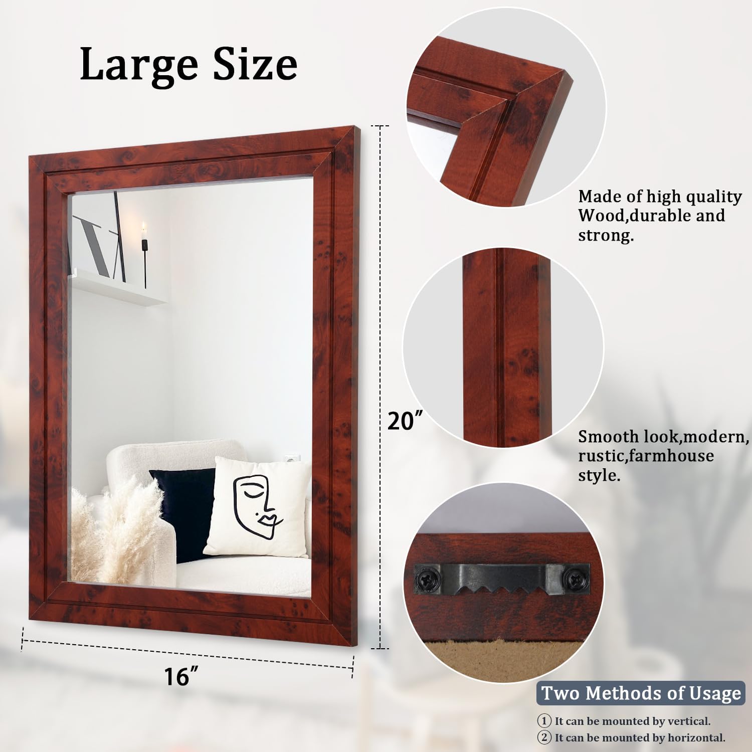 AAZZKANG Espejos vintage para pared, espejo rectangular grande con marco de madera, espejo ...