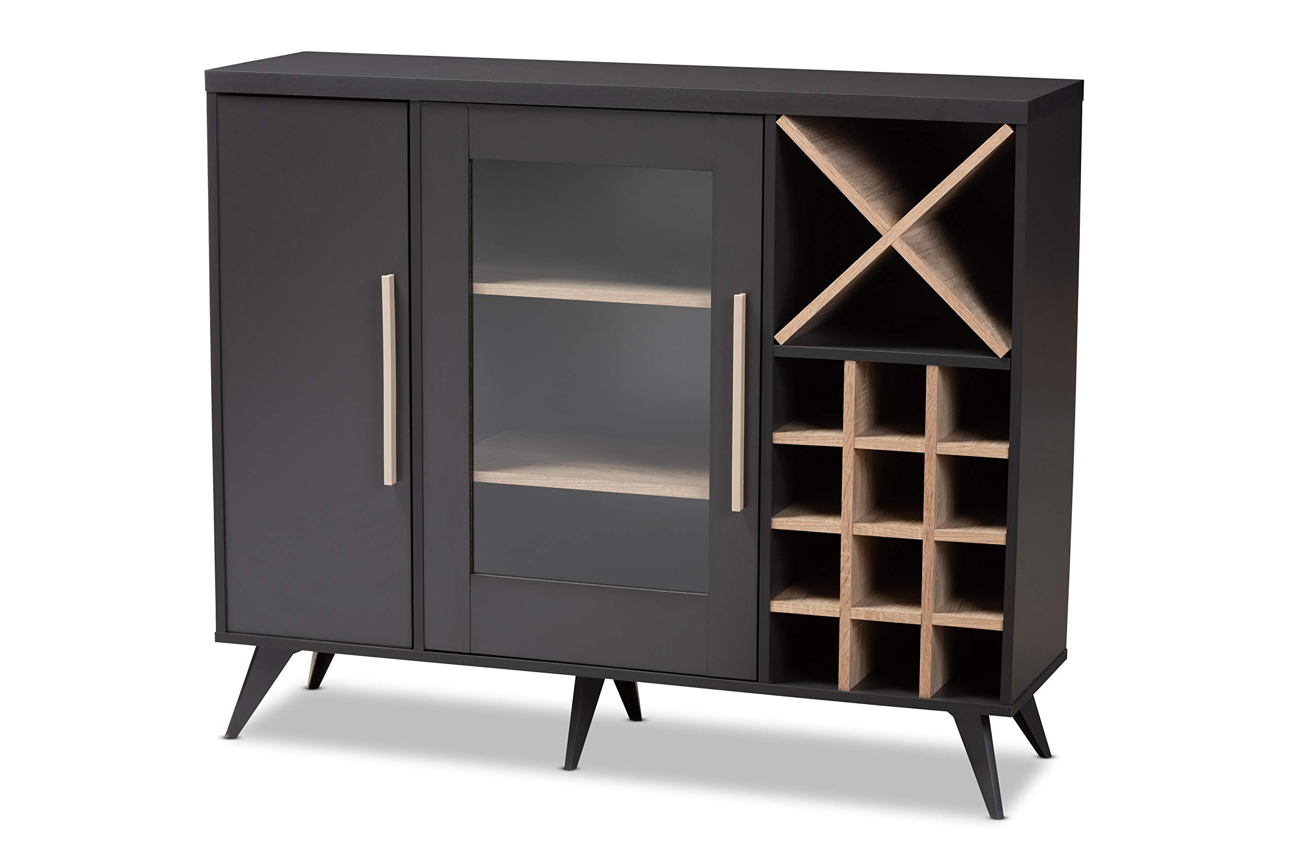 Baxton Studio Pietro Mid-Century Modern Dark Grey and Oak Finished Wine ...
