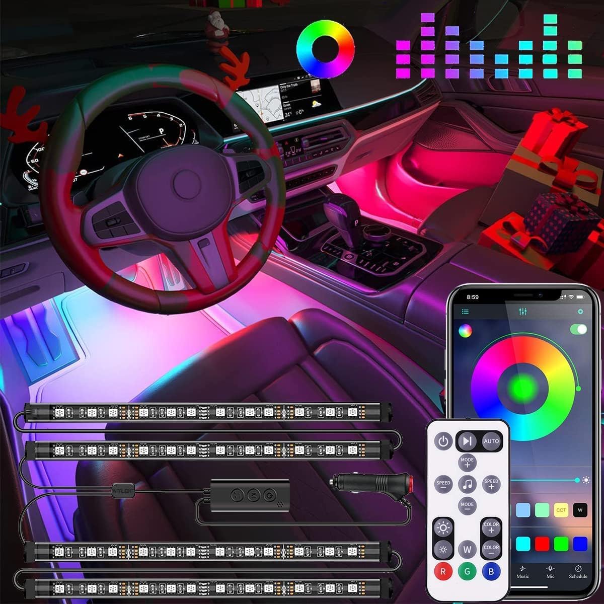 Amazon.com: RGB Interior Car Lights, 2-in-1 Design 4Pcs 48 LED App ...