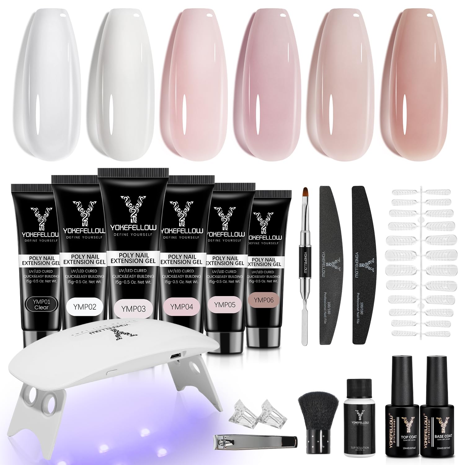 Amazon.com : YOKEFELLOW Poly Gel Nail Kit - 6 Colors Clear Pink With UV ...