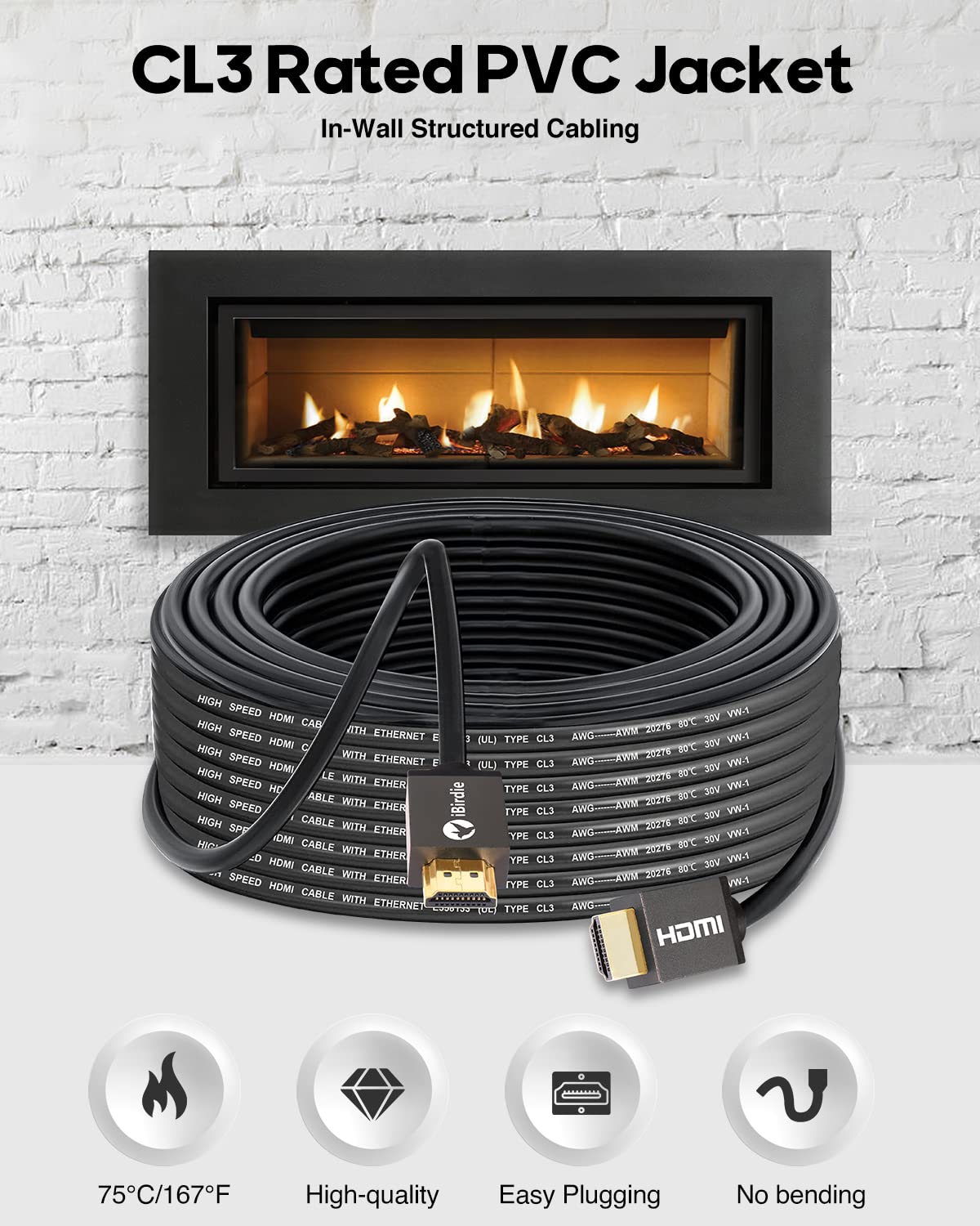 Snapklik.com : iBirdie 4K HDR HDMI Cable 40 Feet in-Wall CL3 Rated 4K ...