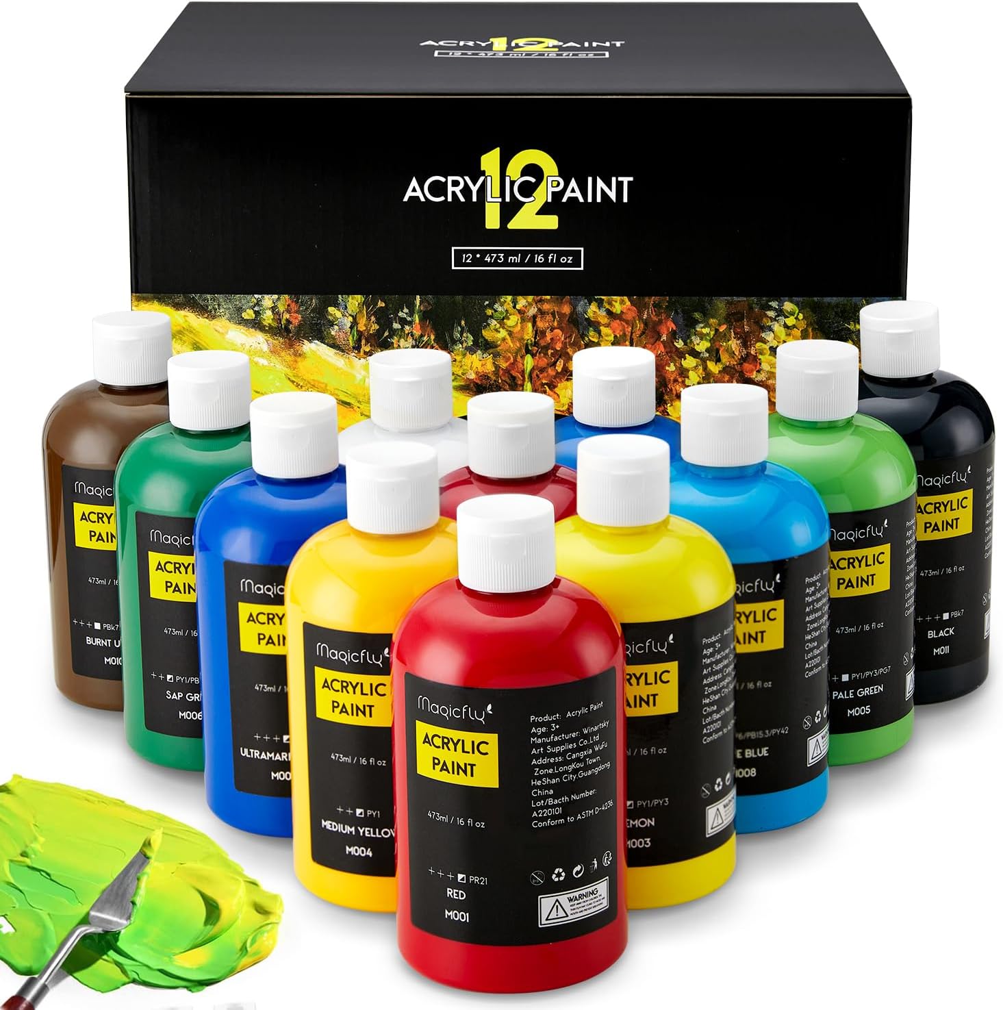 Magicfly Acrylic Paint 12 Colours/473ml, Large Bottles Acrylic Paint ...