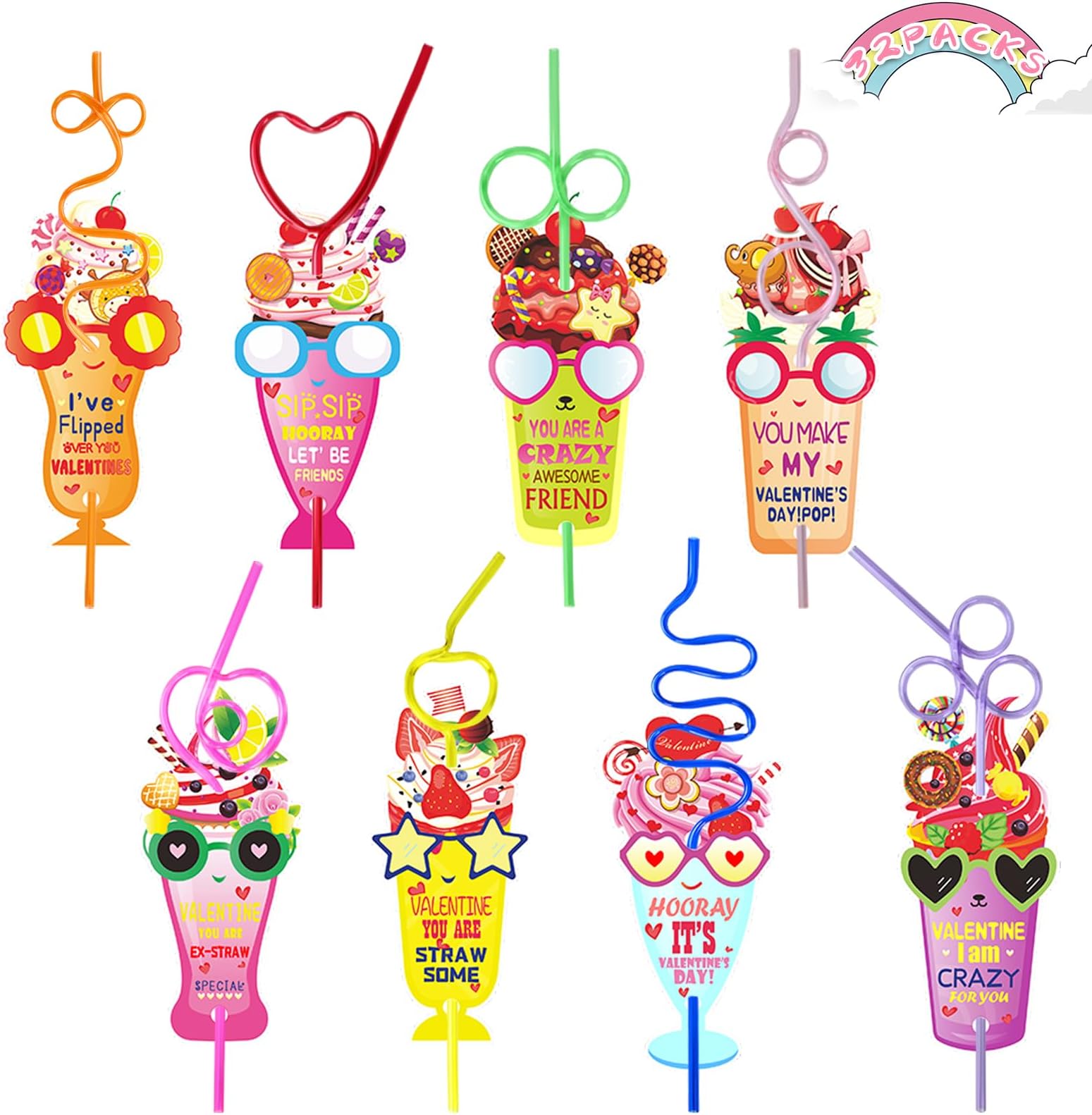 Amazon.com: KBJALQ 32 Pack Valentine Straws and Cards for Kids,Reusable ...