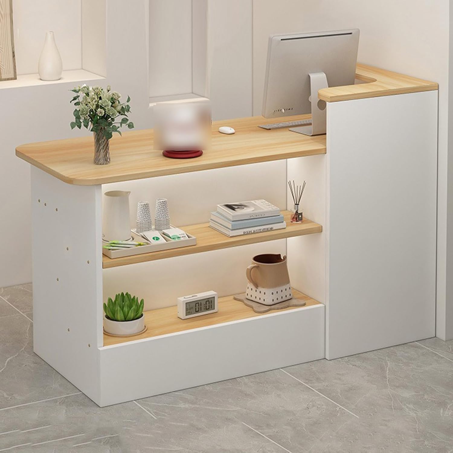 Reception Counter Table, L-Shape Simple Cashier Cabinet With Open ...