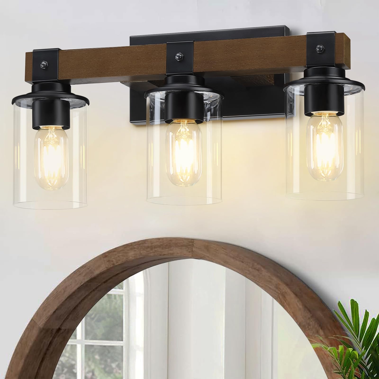 TUUANA 3-Light Farmhouse Vanity Light Fixture, Rustic Wood Bathroom ...